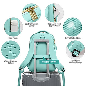 LOVEVOOK Laptop Backpack for Women,15.6 Inch College Travel Computer Back Pack, Backpacks with USB Port,Work Business Water Resistant Bag with Laptop Compartment for Teacher Nurse,Green-White