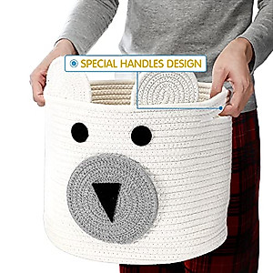 4 Pieces Cotton Rope Bear Animal Basket 2 Sizes Cute Bear Basket with Handles Cotton Rope Storage Basket Foldable Woven Storage Basket Baby Laundry Hamper Nursery Bins for Toys, Blanket, Clothes