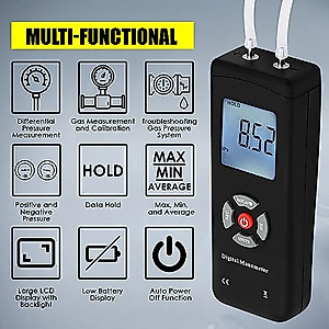 Manometer, Dual-Port Manometer Gas Pressure Tester, Professional Digital HVAC Air Pressure Meter, Differential Pressure Gauge with LCD Display Backlight, Extension Hose,Data Record Funtion