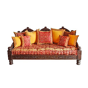 Worldcraft Industries Carved Arch DayBed. Medium Antique Finish. Twin XL Size. Handmade from Solid Mahogany Wood. Designed, Produced and Imported Indian Inspired Day Bed Sofa.