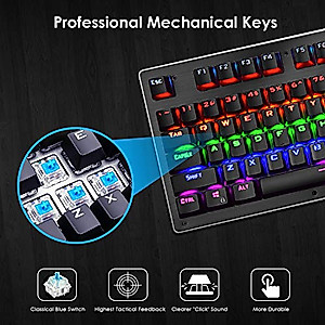 Wireless Gaming Keyboard and Mouse Combo with 104 Key Rainbow LED Backlight Rechargeable 4600mAh Battery Mechanical Keyboard Anti-ghosting Ergonomic RGB Mute Mice for Computer PC Gamer (Blue Switch)
