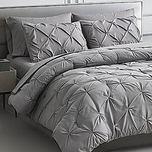 Maple&Stone Twin XL Comforter Set Gray Pinch Pleat 5 Pieces Bed in A Bag for All Season,Pintuck Comforter Set Gray Twin XL with Down Alternative Comforter, Sheets, Pillowcases & Shams