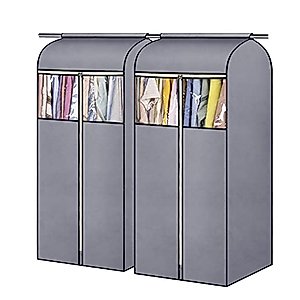 SLEEPING LAMB 54'' Hanging Garment Bags for Closet Storage Sealed Completely Jackets Coats Suits Clothes Rack Cover for Wardrobe with Clear PVC Window, 2 Packs, Grey(Hanging Rod Not Included)