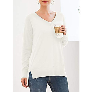 Jouica Women's Casual V Neck Long Sleeve Knit Top Loose Pullover Sweater,Beige White,Large