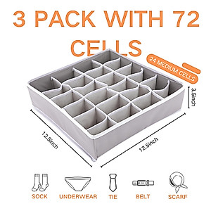 3 Sets of Sock and Underwear Storage Dividers, 72 Compartment Fabric Foldable Drawer Organizer, Closet Drawer Organization for Socks, Underwear, Belts and Ties (24+24+24 Cell, Light Gray)