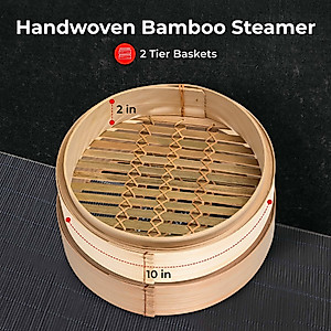 Annie’s Kitchen Complete Set Handmade Bamboo Steamer Baskets, Lid Dumpling Maker with Spoon, 4 Reusable Cotton Liners, 2 sets Chopsticks- For Rice, Vegetables, Fish, Meat, Desserts(10 Inch 2 Tiers)