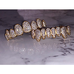 Shop-iGold 14k Gold Plated Joker Gold Grillz for Mouth Top Bottom Hip Hop Teeth Grills for Teeth Mouth Grillz for Mouth Top Bottom Hip Hop 8 Teeth Grills for Teeth Mouth Set