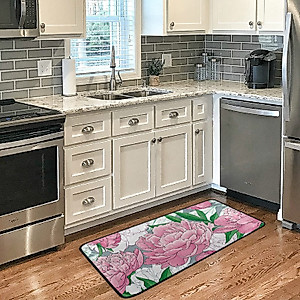 HUSSRITY Pink Peony Flowers Kitchen Rugs Cushioned Anti-Fatigue Comfort Floor Mat Non Slip Kitchen Mat Runner Rug for Sink Office Laundry (39"x20")