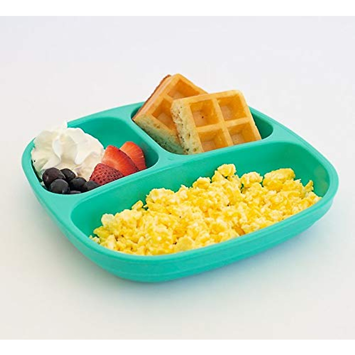 Re-Play Made in USA 5 Piece Toddler Feeding Set includes 2 Divided Plates, Silicone Storage Lid, Utensils - Made from Recycled Milk Jugs - Aqua