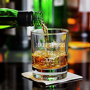 Happiness Is Key | 11 Ounce Rocks Glass | Old Fashioned | Highball Glass for Men Women Dad Father's Day
