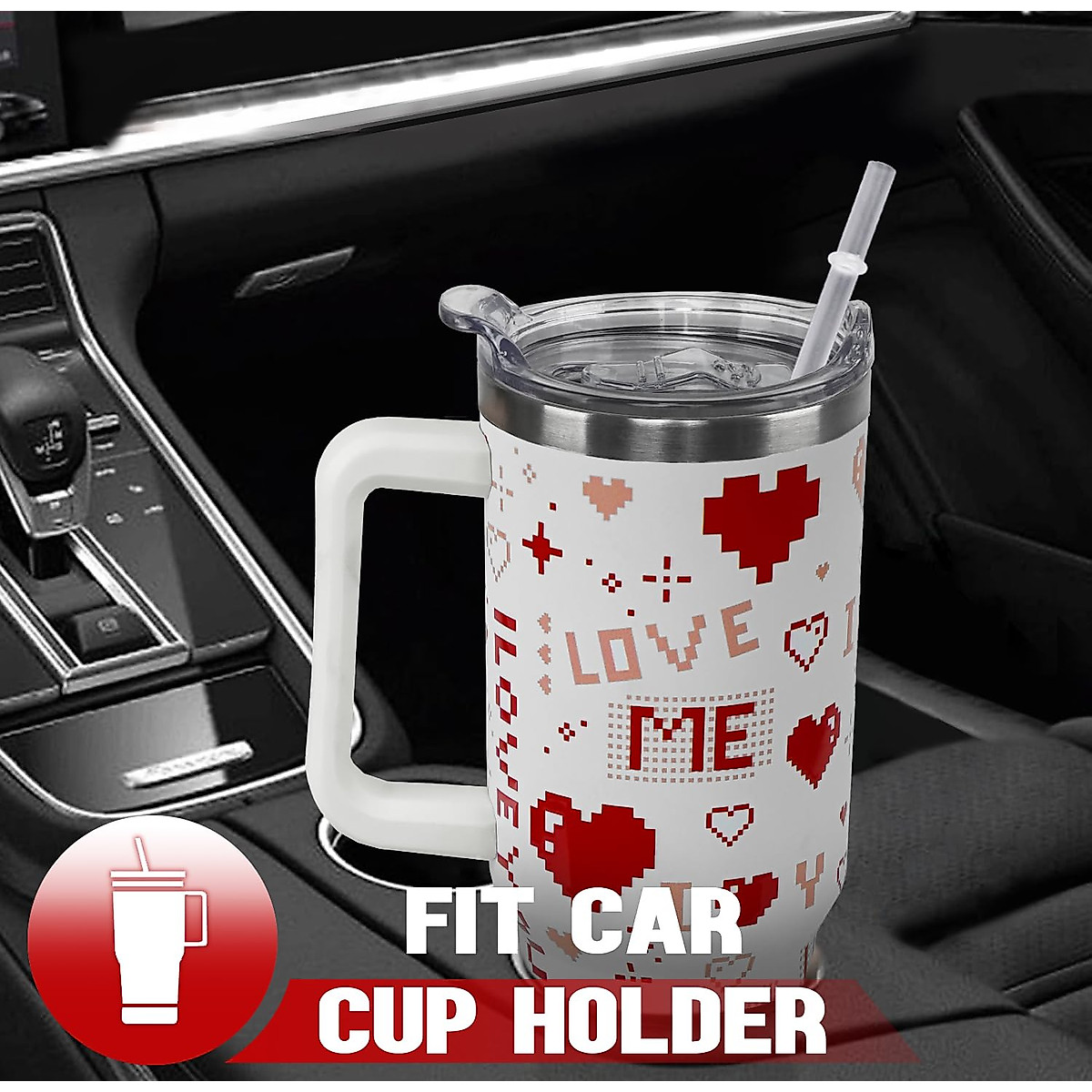 Nqhsionv Valentines Tumbler with Handle 40 oz 5D Pixel Style Love Hearts Coffee Travel Mug Stainless Steel Insulated Cup Valentines Anniversary Wedding Birthday Gifts for Women