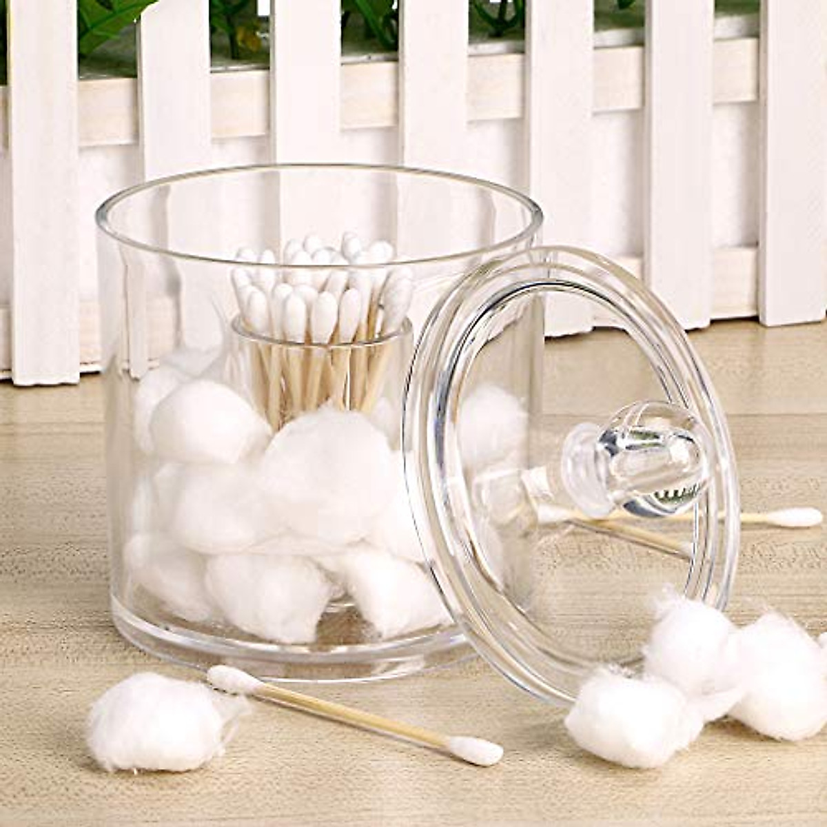 Hipiwe Cotton Ball and Swab Organizer with Lid Apothecary Acrylic Jar Makeup Cotton Organizer Bathroom Storage Canister Jar for Cotton Rounds Pads Q-tips Holder