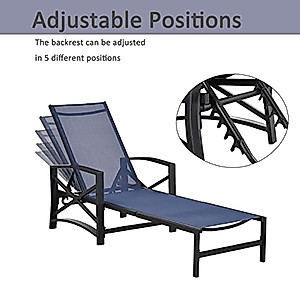 LOKATSE HOME 2 Pieces Outdoor Patio Chaise Lounge Blue Removable Cushions and Pillows with Adjustable Backrest and Armres Reclining Chairs for Beach Poolside Balcony Backyard Garden