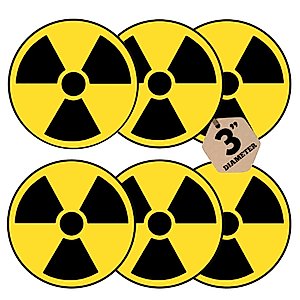 Radiation Hazard Warning Label, 3" Round, Pack of 6 Decals, Coated Paper, Yellow/Black Universal Radiation Symbol Stickers, Self-Adhesive Radioactive Sign