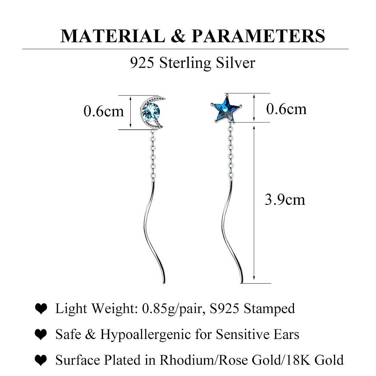 SLUYNZ 925 Sterling Silver Blue Crystal Star Moon Dangle Earrings Chain for Women Star Dangling Earrings Threader Tassel (A-Silver)