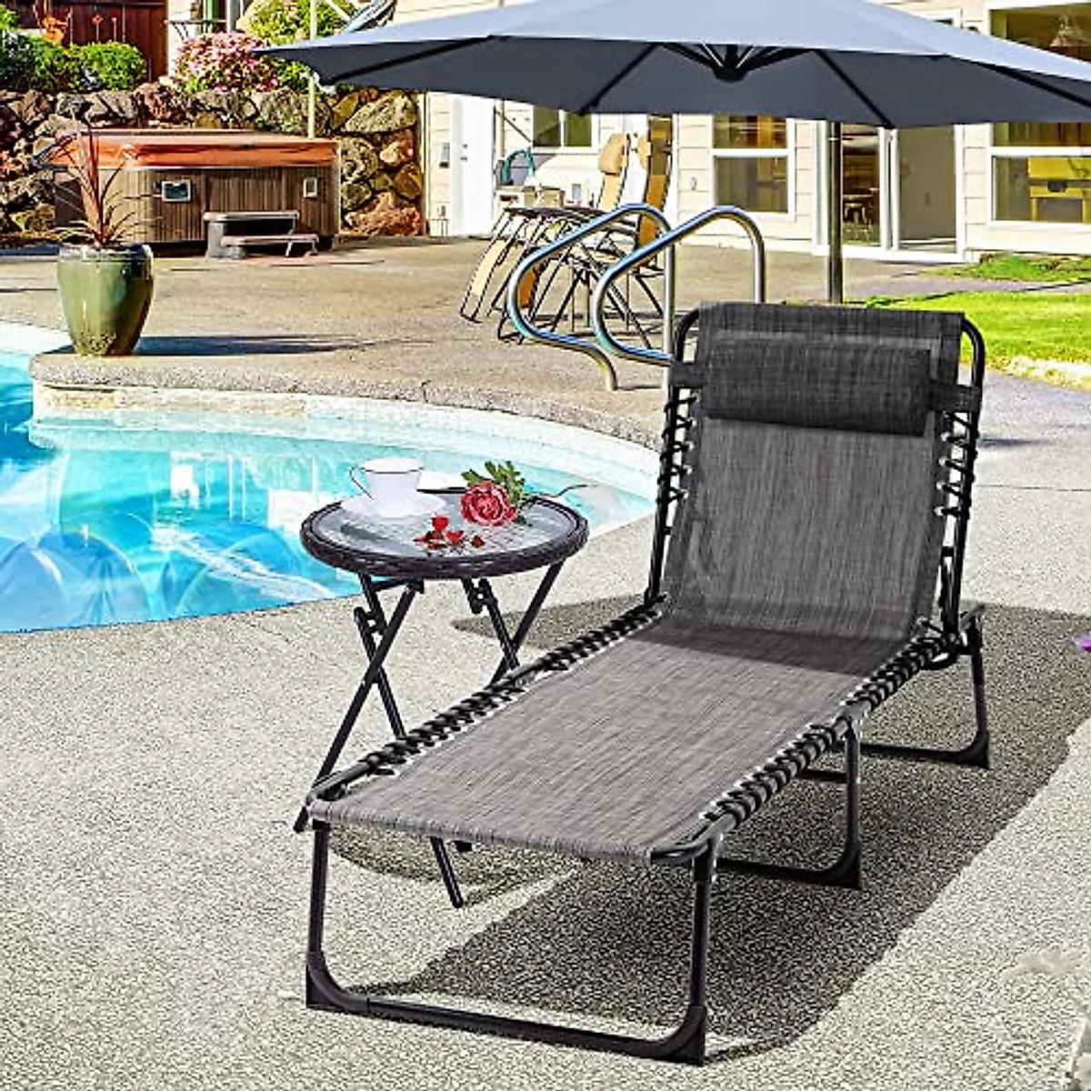 Outsunny Reclining Chaise Lounge Chair, Portable Sun Lounger, Folding Camping Cot, with Adjustable Backrest and Removable Pillow, for Patio, Garden, Beach, Grey