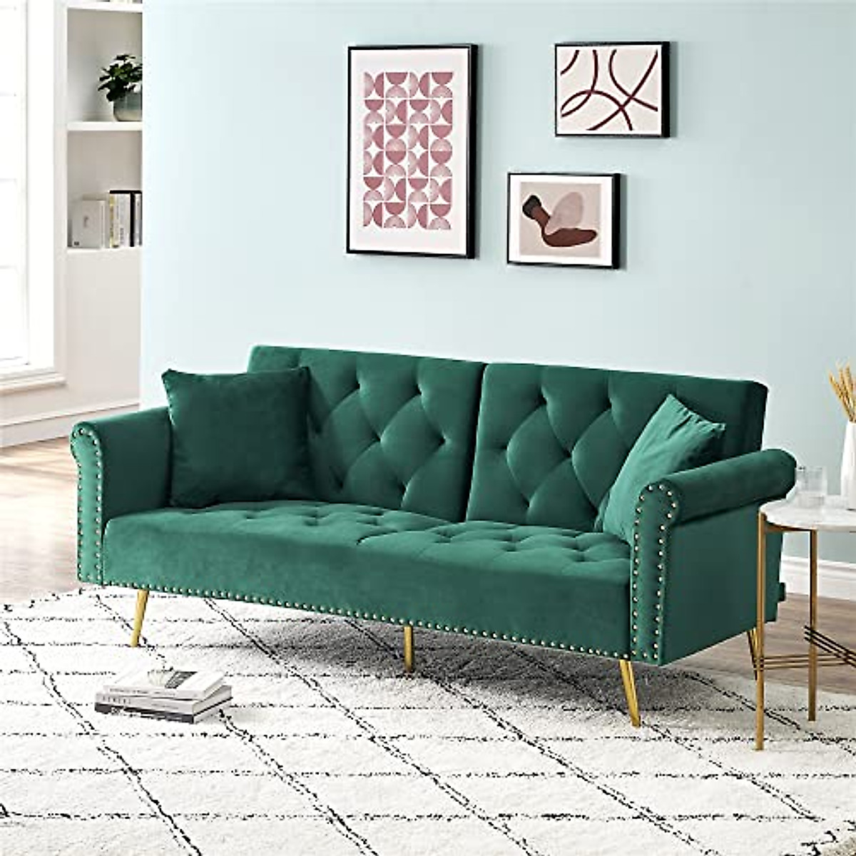 PBOGHLRD Convertible Velvet Loveseat Sofa, Upholstered Nail Head Futon Sofa Bed with Two Pillows, Modern Sleeper Couch Bed for Living Room, Bedroom, Home Office (Green)