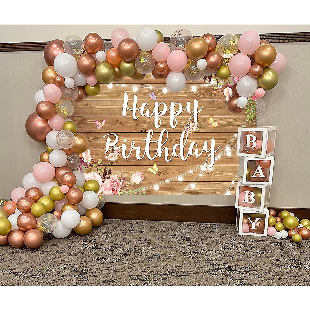 Rustic Wood Floral Birthday Backdrop Spring Flower Wood Glitter Happy Birthday Photography Background for Women Photo Booth Props Kids Adult Birthday Wedding Party Cake Table Decoration