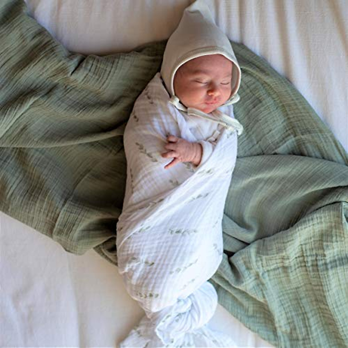 Ely's & Co. Muslin Swaddle Blanket 2-Pack — 100% Cotton Muslin Extra-Large Swaddle Blankets (47” x 47”) Watercolor Eucalyptus Print & Solid Sage