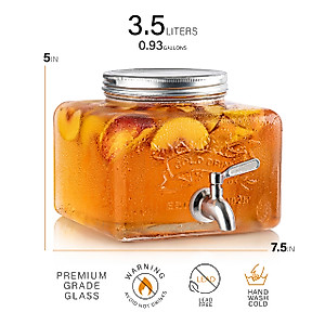 MosJos Glass Drink Dispenser for Fridge - Stainless Steel Spigot Mason Jar Dispenser with Wide Opening & Easy-Fill - Beverage Storage for Outdoor, Water, Iced Tea, Juice, Sangria & Detergent, 1 GALLON
