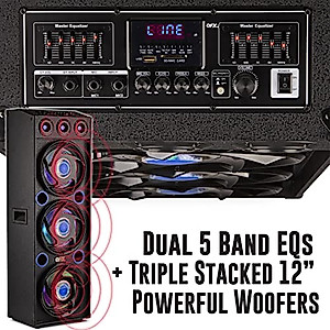 QFX SBX-412300BT TWS Bluetooth Triple 12” Woofer Triple 1” Tweeter Recording High-Performance PA Cabinet Speaker with 10-Band Graphic EQ, 2 Microphone Inputs, Guitar Input, and AUX Input, Blue