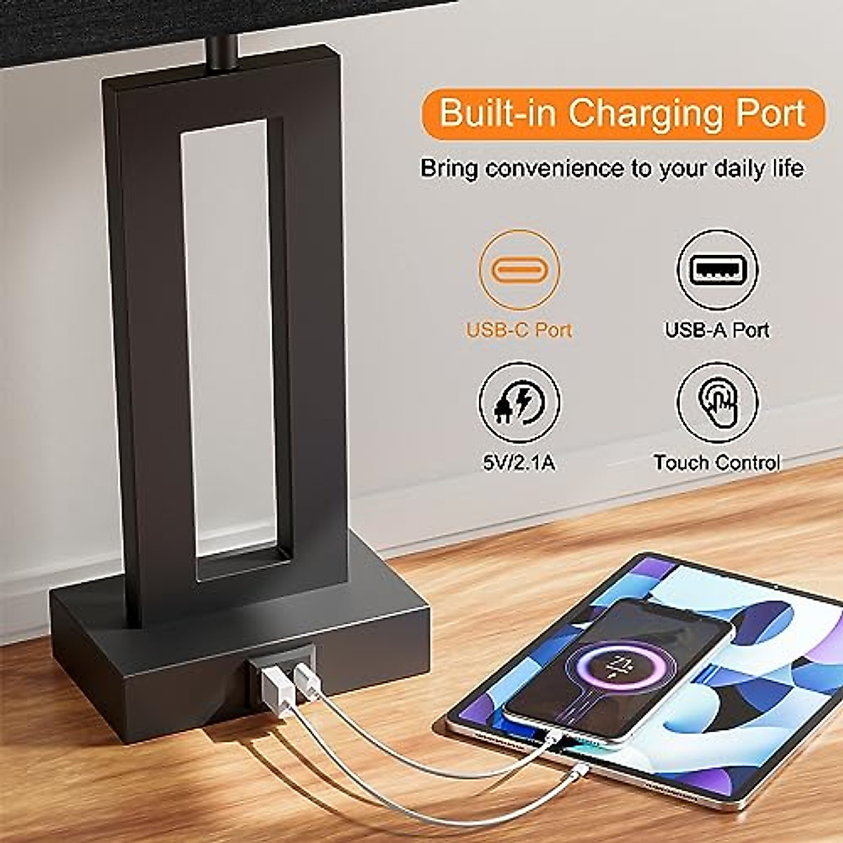 Nightstand Table Lamps for Bedrooms Set of 2 - Touch Bedside Lamp with USB C+A, 3 Way Dimmable Living Room Lamps for End Tables Set of 2, Modern Night Stand Lamps for Bed Side Guest Room(Black)
