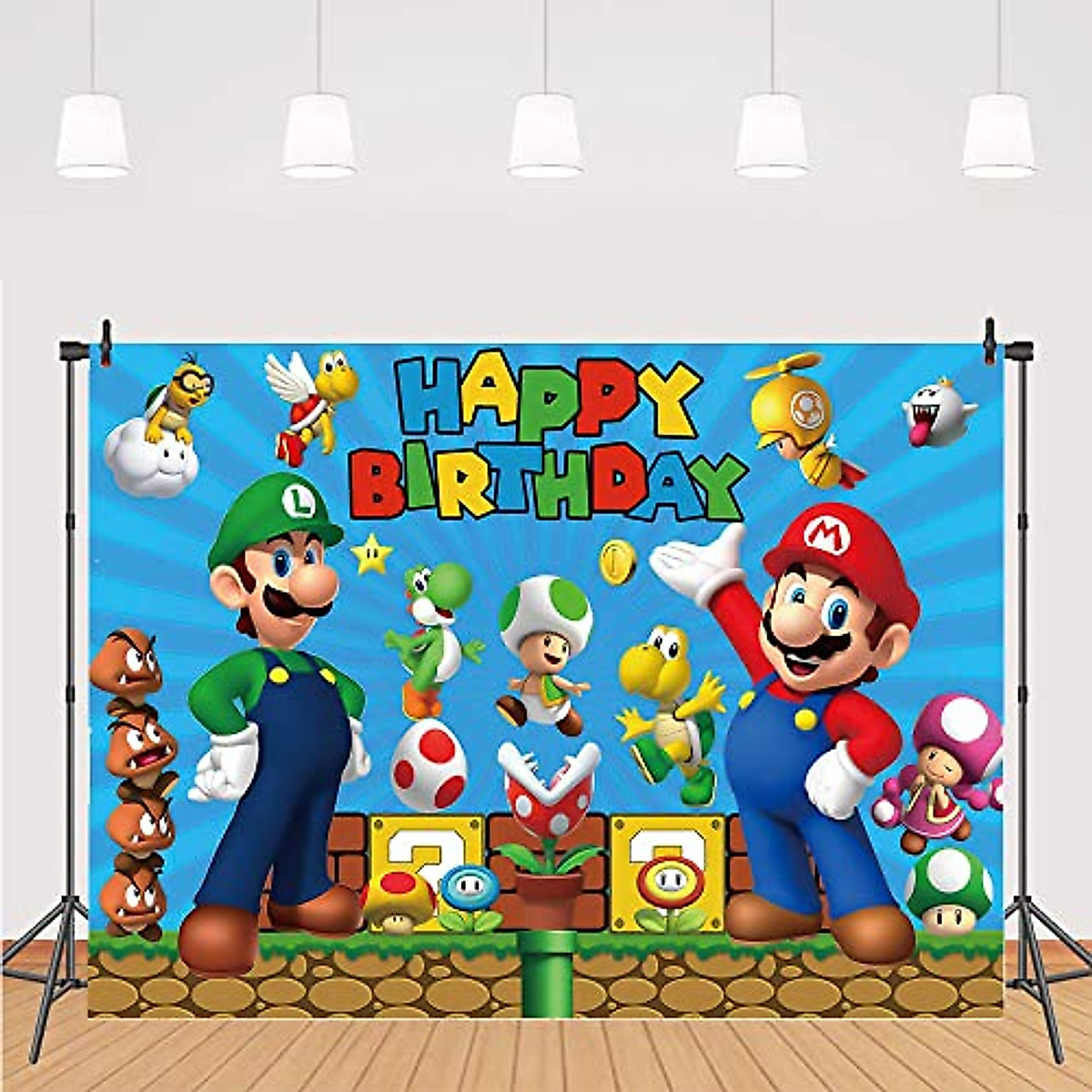 chaungda 7x5ft Super Mario Gold Coin Video Game Happy Birthday Theme Photography Backdrops Children Boys Birthday Party Photo Backgrounds