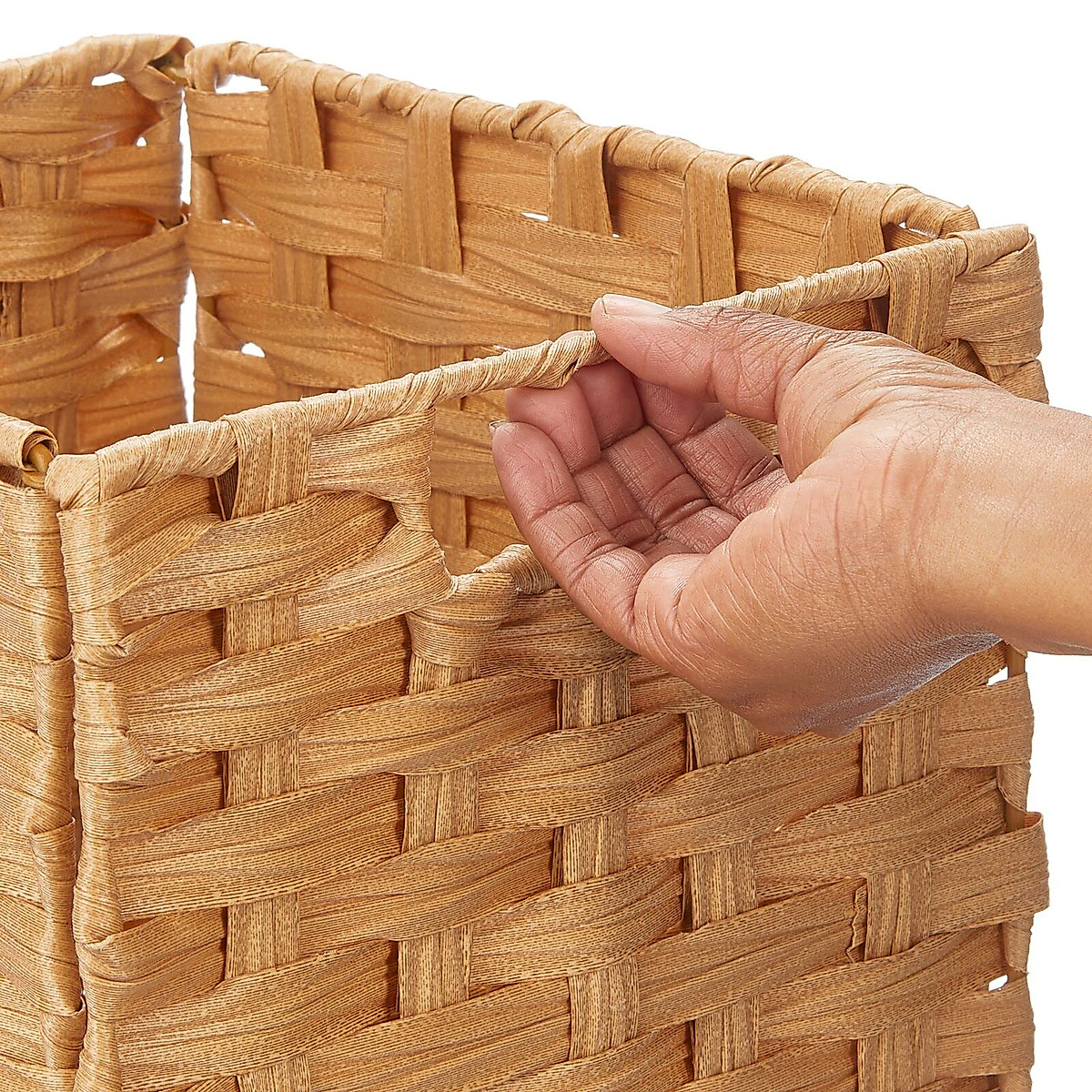 mDesign Woven Farmhouse Kitchen Cubby Food Storage Organizer Bin, Cube Container Organization for Pantry Cabinets, Cupboards, Shelves, Countertop, Store Potatoes, Onions, Fruit, 4 Pack, Camel Brown