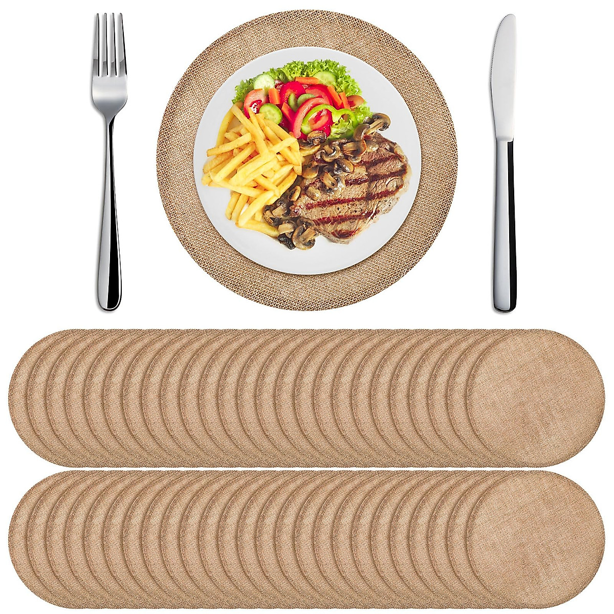 Yunlly Set of 48 Burlap Round Placemats Bulk Burlap Circle Rustic Table Decorations Jute Farmhouse Placemats Heat Resistant Round Table Mats Charger Place Mats for Wedding Dining(Brown, 15 in)