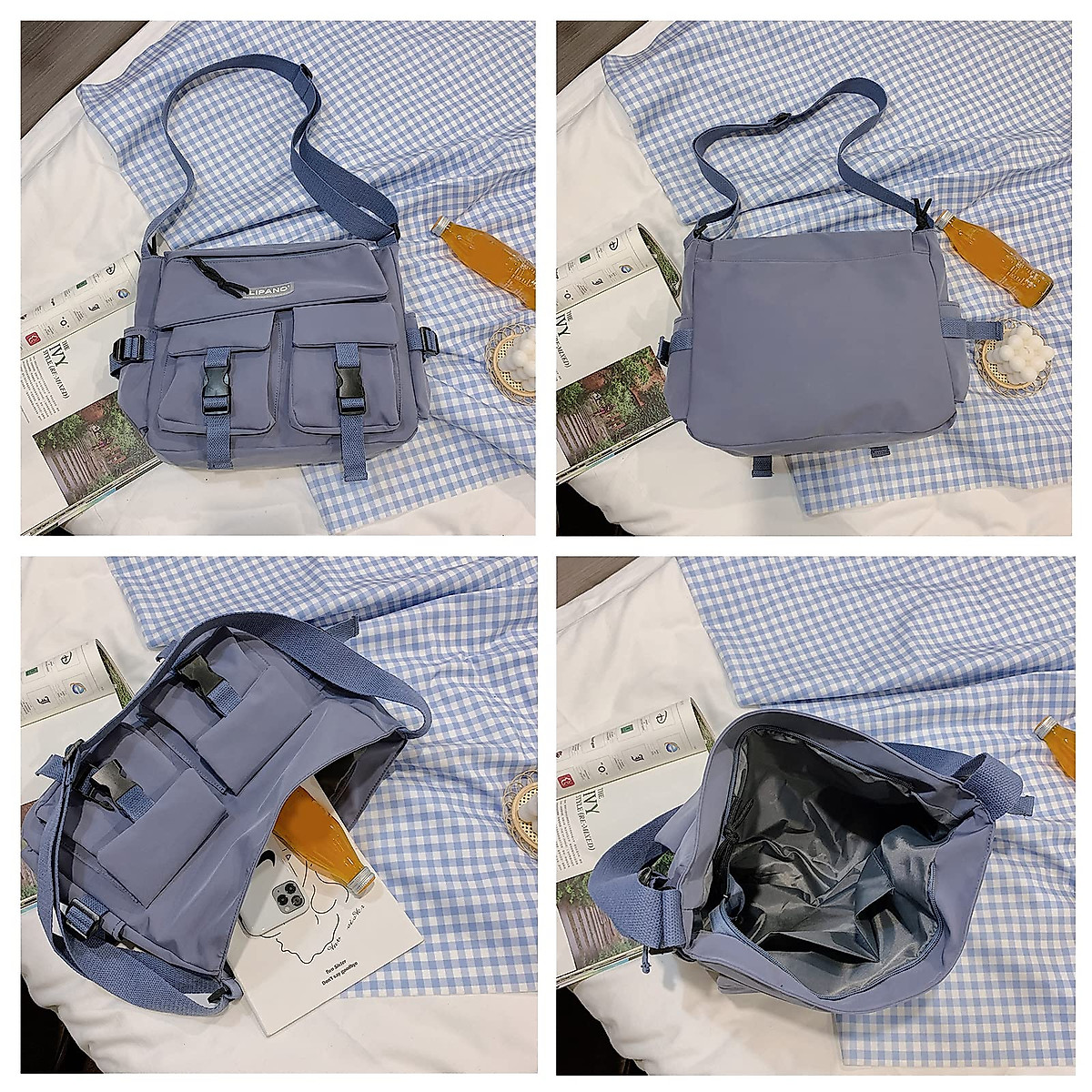 JQAliMOVV Kawaii Messenger Bag for Girls - Cute Aesthetic Bag with Kawaii Pendent (Blue)