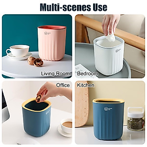 QLFJ-FurDec 3 Pcs Mini Trash Can with 180 Trash Bags, Tiny Desktop Wastebasket, Small Plastic Countertop Garbage Can Storage Basket for Bedroom, Bathroom, Kitchen, Office Tabletop(White + Blue + Pink)