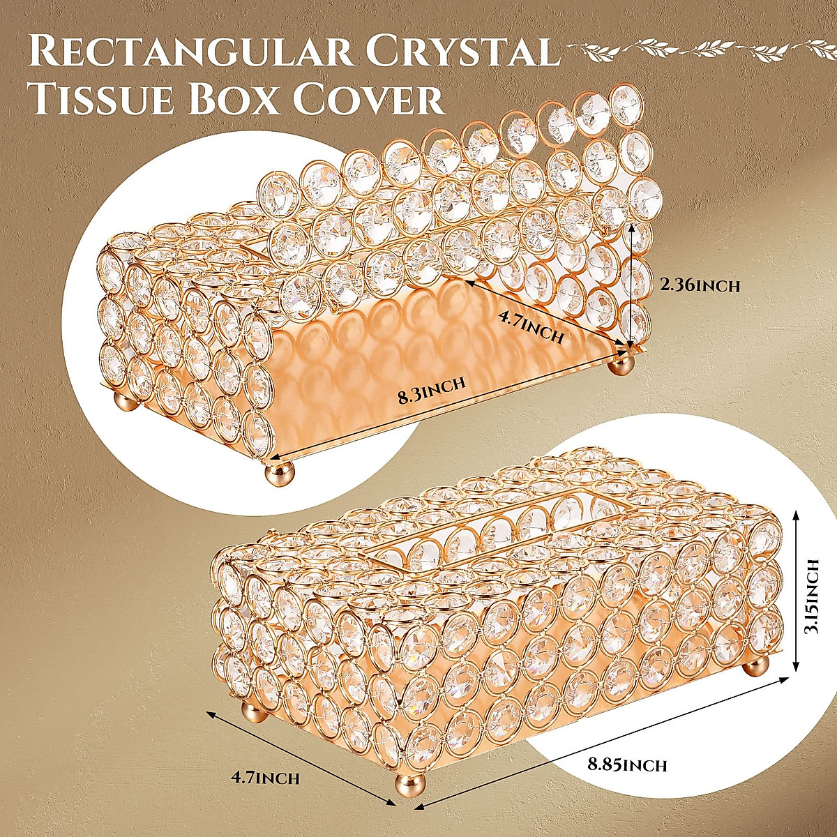 2 Pieces Rectangular Crystal Tissue Box Cover Crystal Tissue Box Holder Bling Tissue Holder Decorative Toilet Paper Box Rectangle Steel Napkin Case Napkins Container for Bathroom Table Decor (Gold)