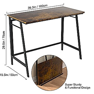 ASTARTH Folding Desk-40 Inch Writing Computer Desk, Space Saving Foldable Table, Modern Simple Style PC Table, Black Metal Frame-Home Office Desk, No Assembly Required, Rustic Brown