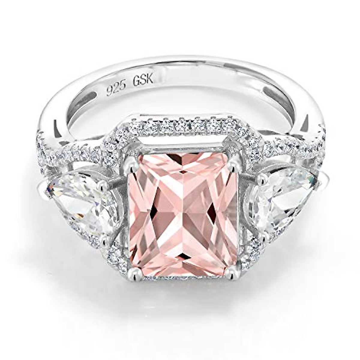 Gem Stone King 3.99 Cttw Peach Nano Morganite Ring For Women In 925 Sterling Silver | Emerald Cut 10X8MM | Gemstone October Birthstone | Available In Size 5, 6, 7, 8, 9