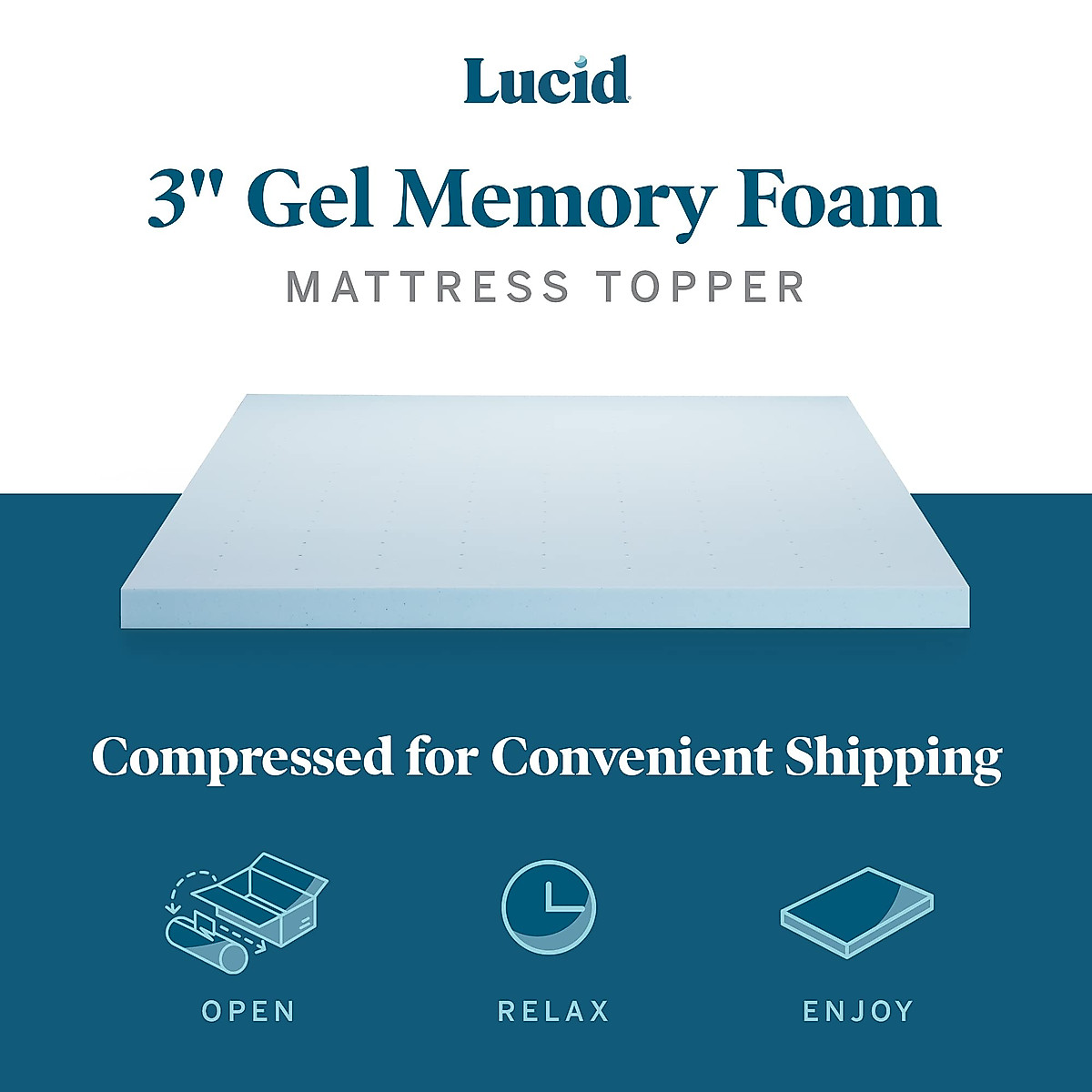 Lucid 3 Inch Mattress Topper King - Gel Infused Memory Foam – Memory Foam Mattress Topper King – Ventilated Design – CertiPur Certified, Light Blue