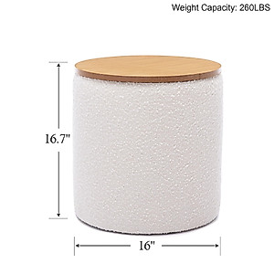 ONEVOG Beige Storage Ottoman with Wooden Lid, Tufted Boucle Fabric, Round Side Table Pouf, Small Vanity Seat Stool, Storage Footstool Chair for Living Room, Bedroom