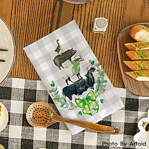 Artoid Mode Cattle Sheep Chickens Duck Farm Sweet Farm Kitchen Towels Dish Towels, 18x26 Inch Buffalo Plaid Leaves Decoration Hand Towels Set of 4