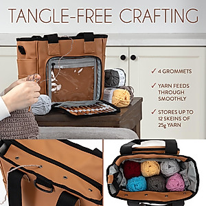Leather Crochet Bag Backpack - Travel Knitting Bag Project Organizer Totes has Detachable Strap, 12 Wooden Hooks, 12 Skeins of 25g Yarn Storage Pocket & Grommets for Crocheting On the Go