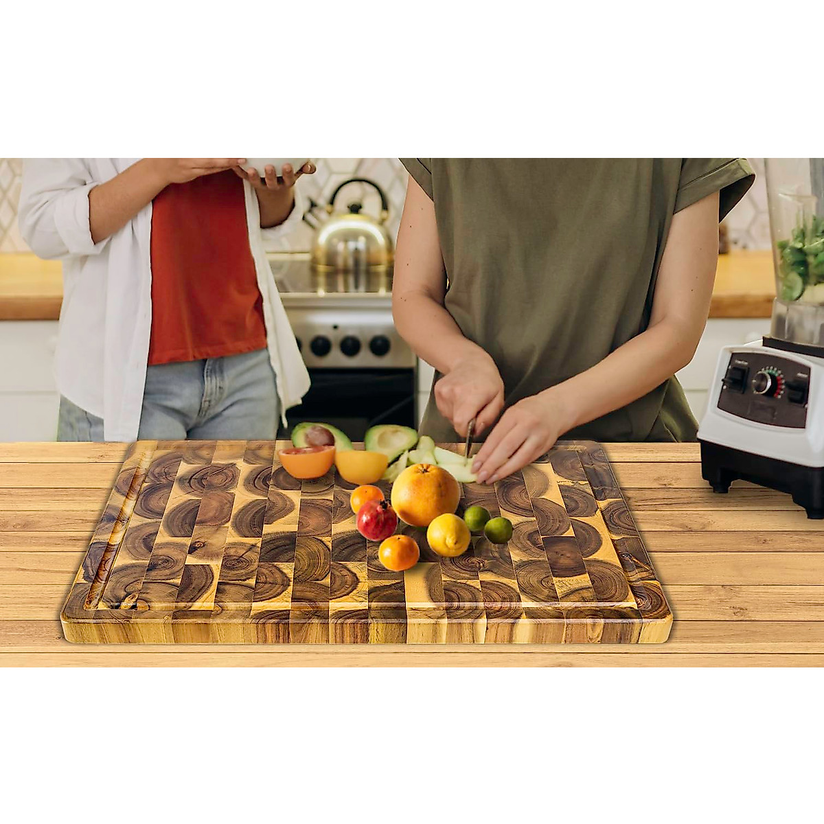 Cutting Board (17x13x1,5in) End Grain Cutting Board, Acacia Wooden Cutting Board, Butcher Block, Chopping Board - Reversible Multipurpose For Kitchen with Juice Groove, Cracker Holder & Inner Handles.
