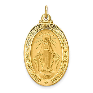 14k Yellow Gold Satin Medium Oval Miraculous Medal Fine Jewelry for Women (L- 32.5 mm W- 18.5 mm)