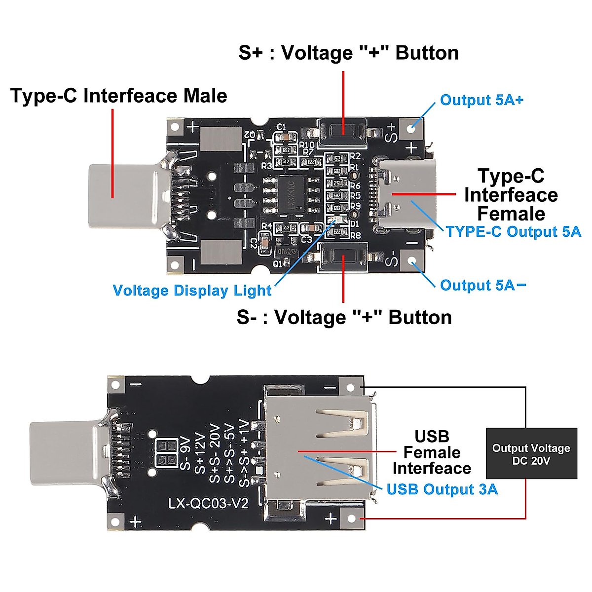 5Pcs 100W 5A USB Type-C Decoy Trigger Board 5V 9V 12V 15V 20V Output QC PD 2.0/3.0 Trigger Adapter Cable Connection Polling Detector