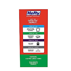 Hefty Shrink-Pak – 4 Extra Large Vacuum Seal Storage Bags – Space Saver Bags for Clothing, Pillows, Towels, or Blankets, 4 x XL Cubes