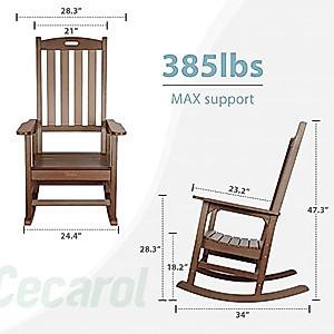 Cecarol Patio Oversized Rocking Chair Outdoor, Weather Resistant, Low Maintenance, High Back Front Porch Rocker Chairs 385lbs Support Poly Lumber Rocker, Wood-Like Plastic Chair, Coffee-PRC01