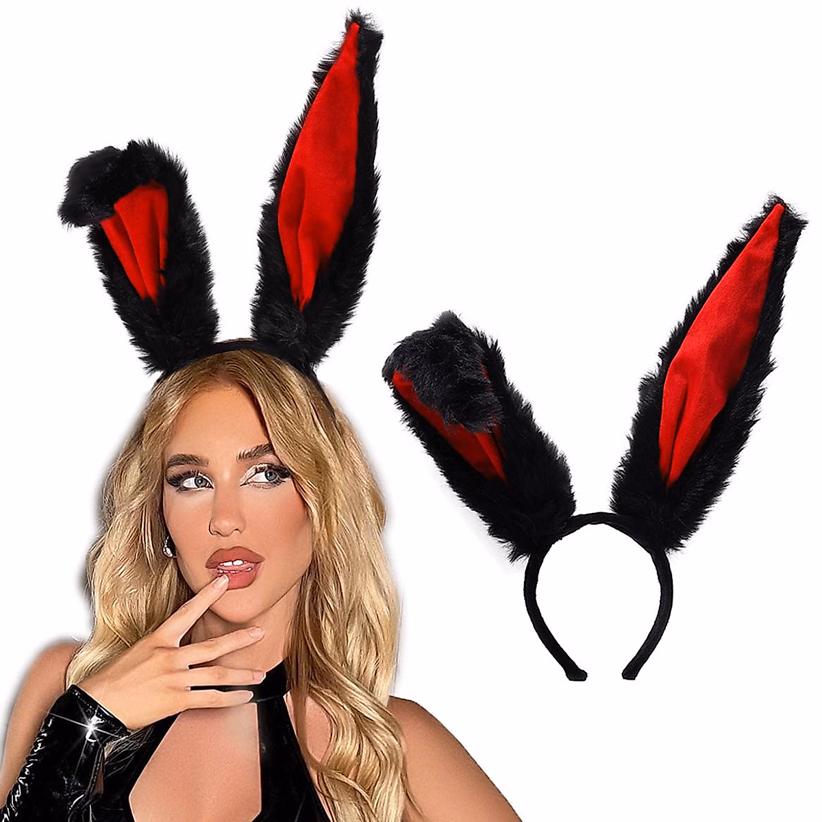 Bunny Ears Headbands Furry Rabbit Ear Headband Party Prom Cosplay Headwear Costume Hair Accessories for Women (Black)