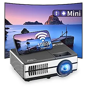 Portable Video Projector with WiFi&Bluetooth, Mini HD Outdoor Movie Projector with Airplay Mirroring & Speaker for Smart Phone, LED Home Theater Projector with Android OS/HDMI/USB for TV Stick DVD PC