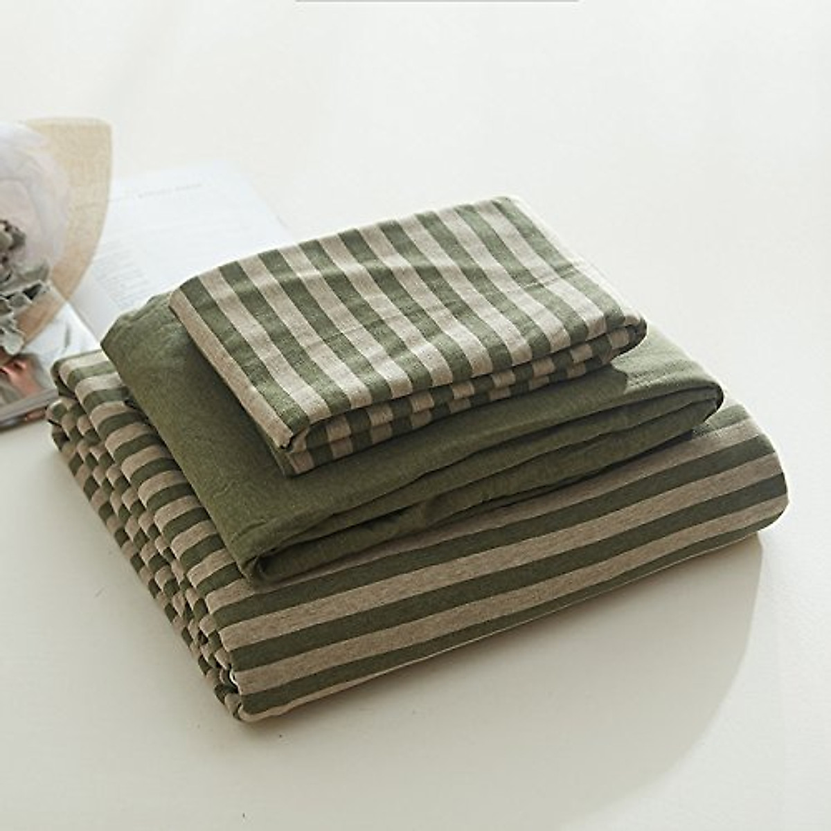 HC 100% Cotton 4pcs Queen Size Army Green Striped Duvet Cover Set Soft Fabric Jersey Knit Bedding (Queen)