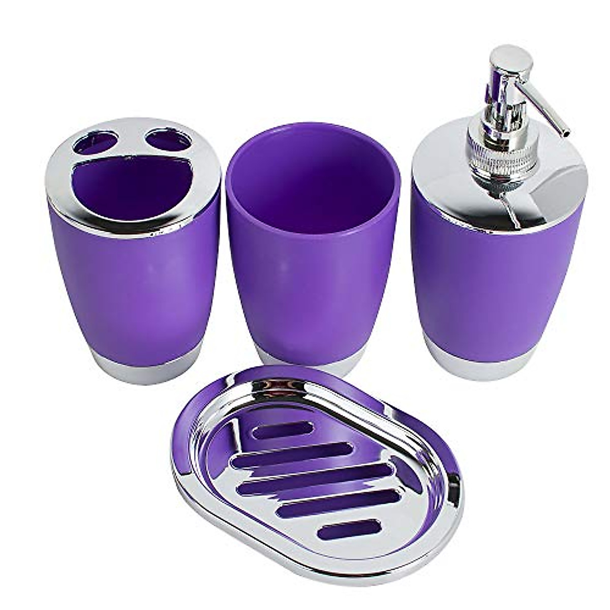 funwill Bathroom Accessories Set 6 Pieces Plastic Bathroom Accessories Toothbrush Holder, Rinse Cup, Soap Dish, Hand Sanitizer Bottle, Waste Bin, Toilet Brush with Holder(6 Colors) (Purple)