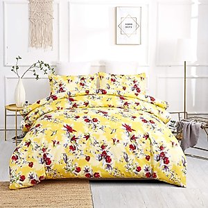 DaDa Bedding Radiant Sunshine Yellow Floral Duvet Cover - Hummingbirds Red Flowers Garden w/Pillow Cases - Bright Vibrant Multi-Colorful Very Soft Comforter Cover w/Corner Ties - Queen - 3-Pieces