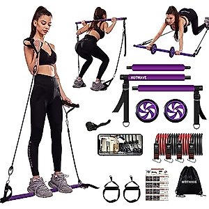 HOTWAVE Pilates Bar Kit with Resistance Bands. Fitness Bar with Ab Roller for Abs Workout. Squat Machine.Core Strength Training Equipment.Portable Home Gym for Men and Women