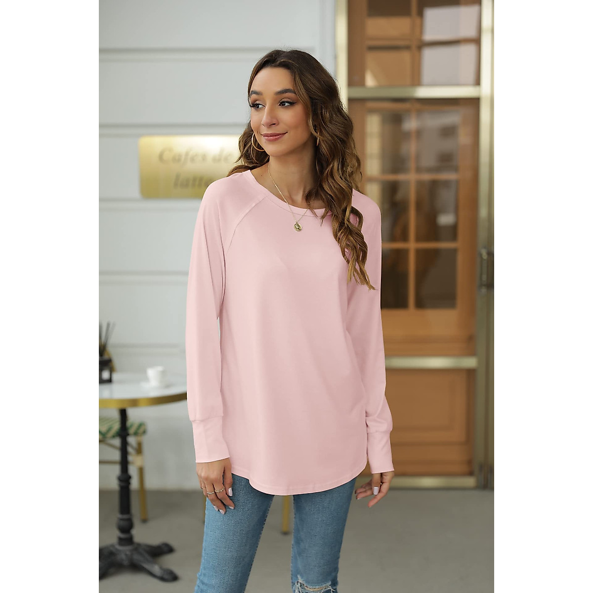 Womens Tunic Tops Long Sleeve Round Neck Soft Loose Long Blouse Shirts Side Split Casual T Shirt Pink